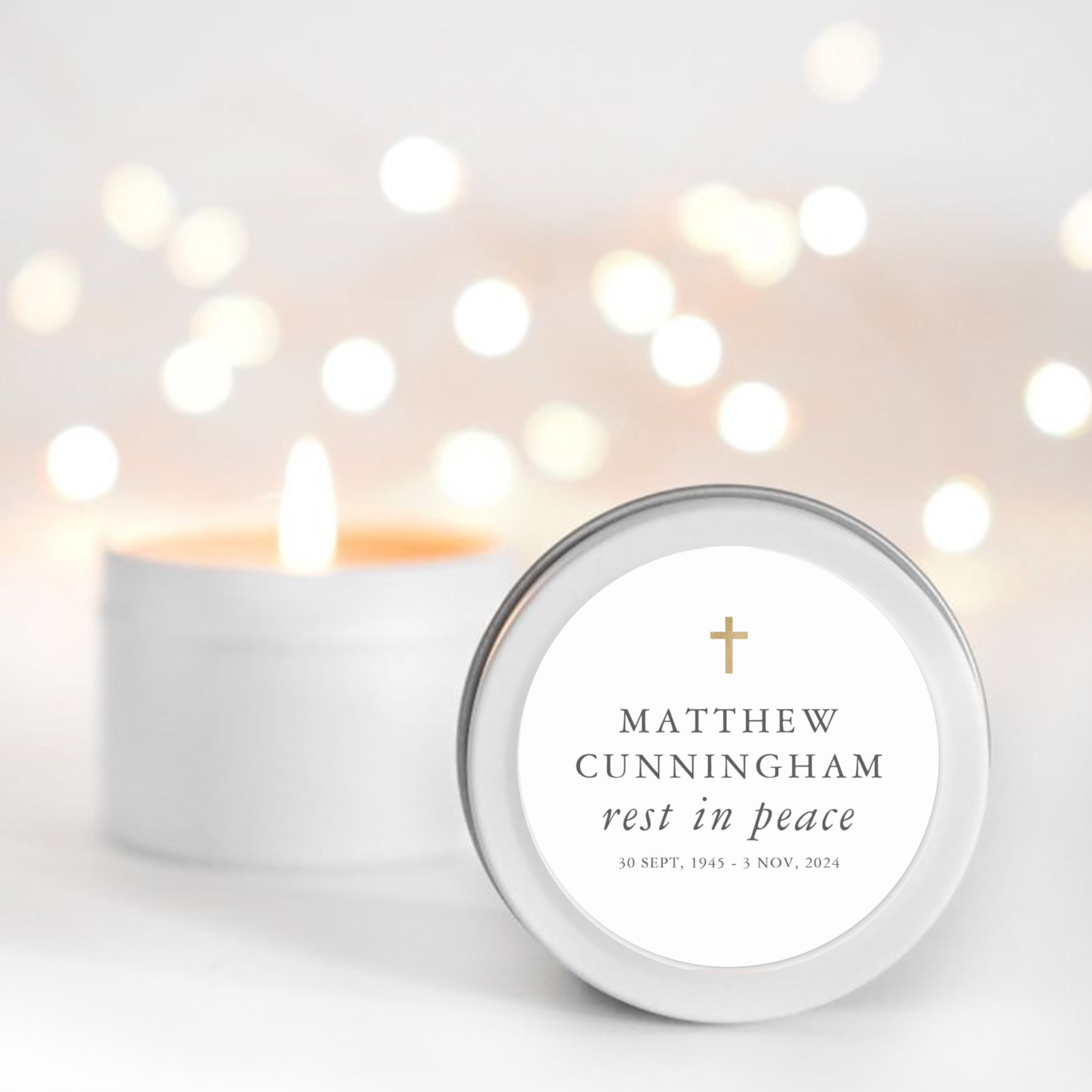 Rest in peace gold cross memorial personalised candle – RISE The Candle ...